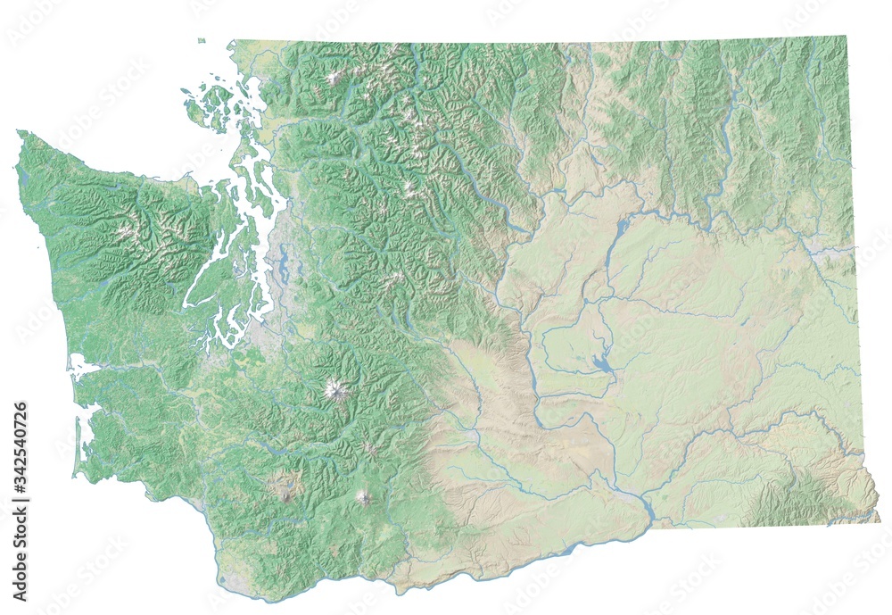 High resolution topographic map of Washington with land cover, rivers ...