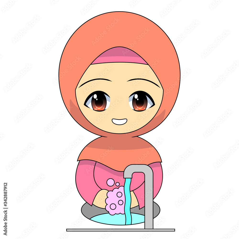 Cartoon Muslim girl washing hands with soap. Daily activities maintain ...