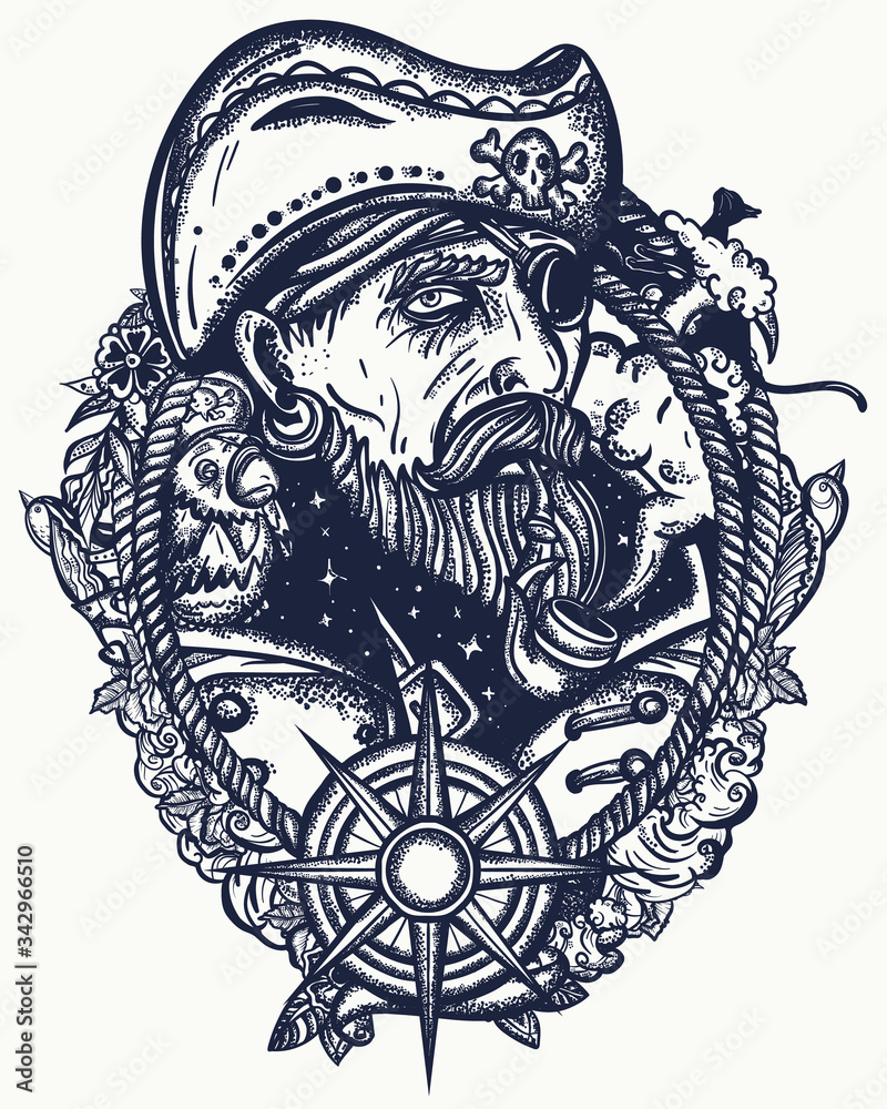 Old pirate captain smocking pipe. Elderly sea wolf, parrot, compass ...