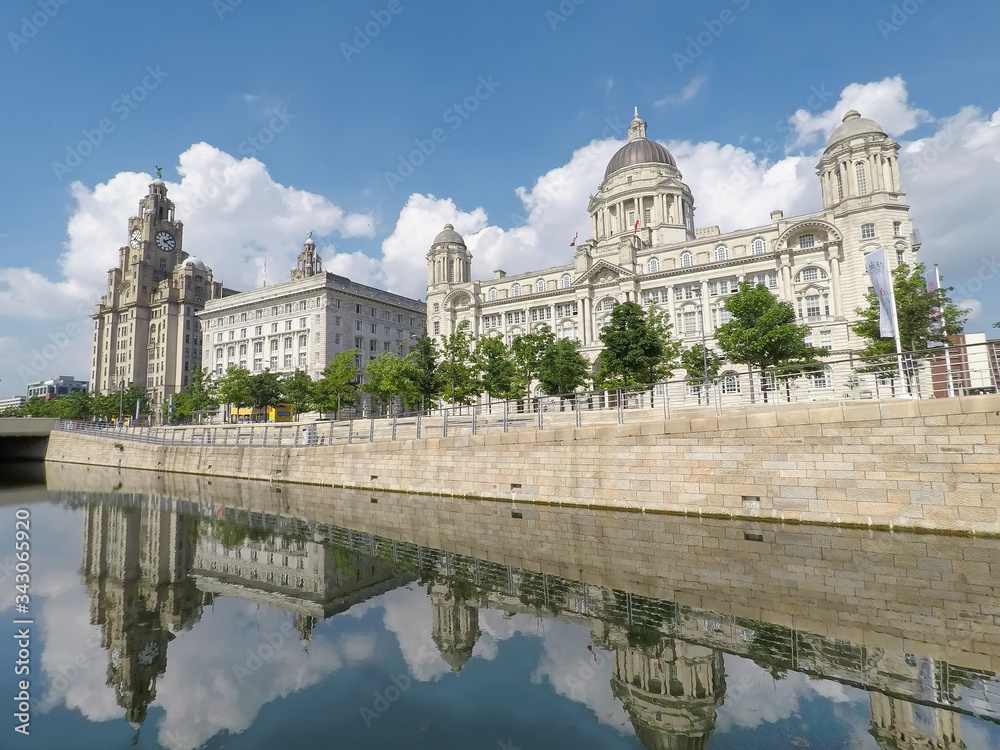 Liverpool city waterfront with beautiful architecture. The iconic Liver ...