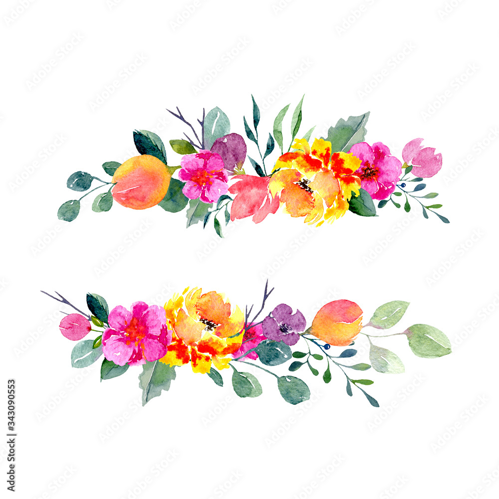 Horizontal botanical frame of watercolor floral arrangements. Natural ...