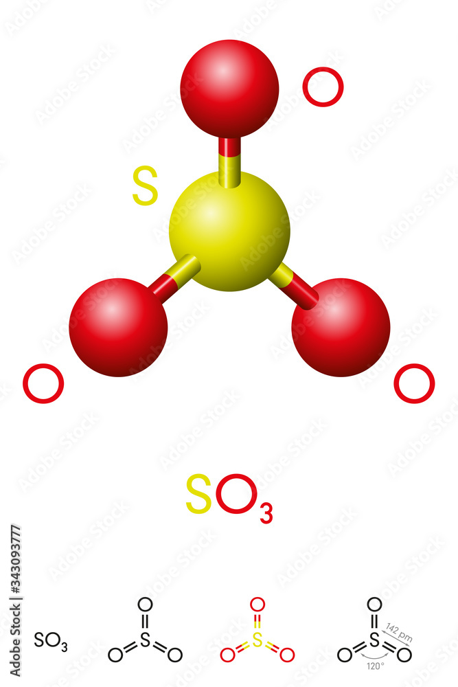 Sulfur trioxide, SO3, molecule model and chemical formula. Significant ...