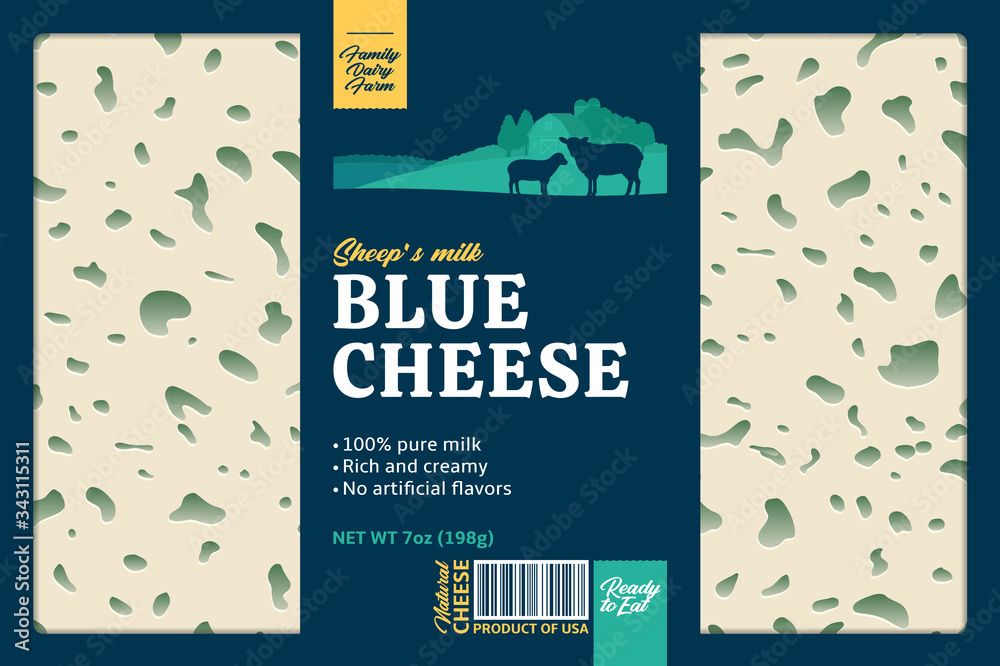 Vector ship's milk blue cheese packaging or label design with daity ...