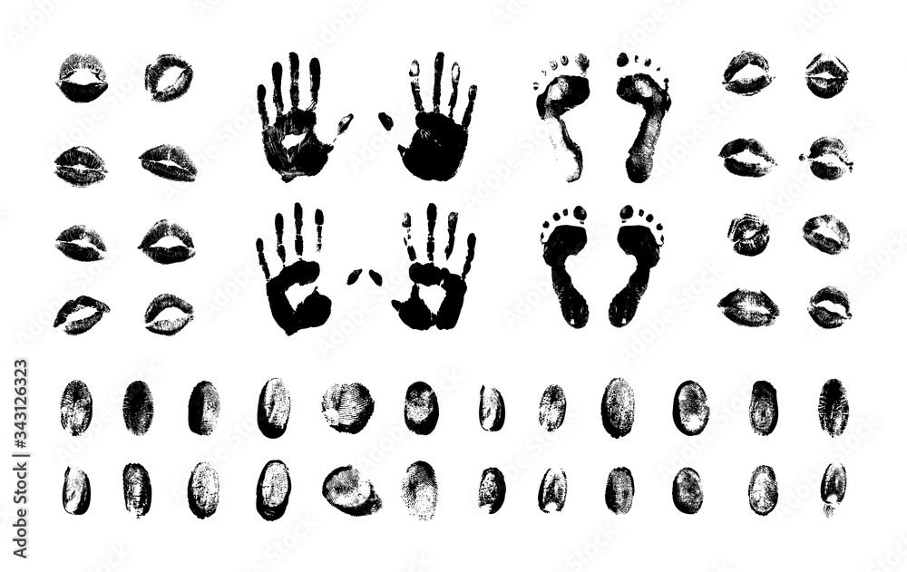 Vector set of textured, and grunge fingerprints, handprints, lip prints ...
