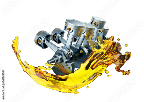 3D illustration of parts in car engine with lubricant oil on repairing ...