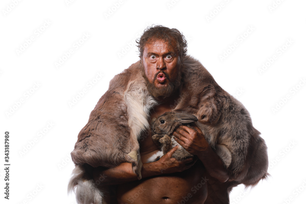 Neanderthal man, Ice Age, caveman with a hare Stock Photo | Adobe Stock