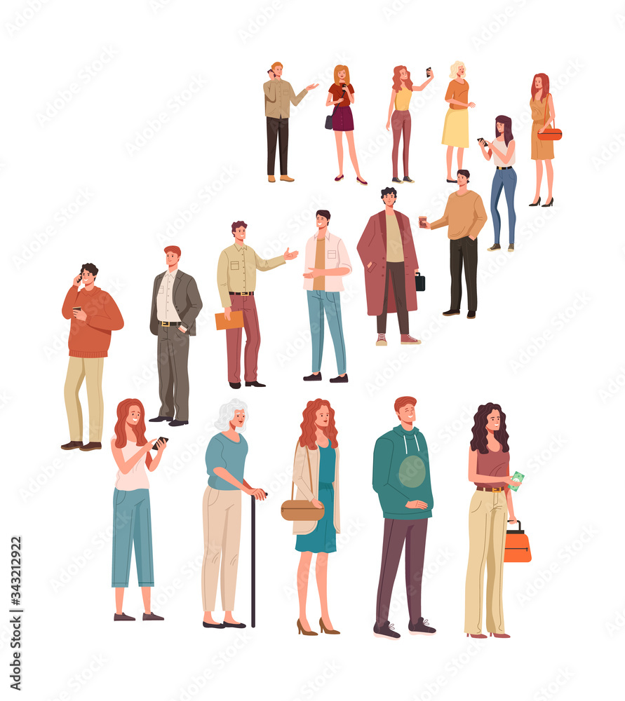 Big queue order waiting line people characters concept. Vector flat ...