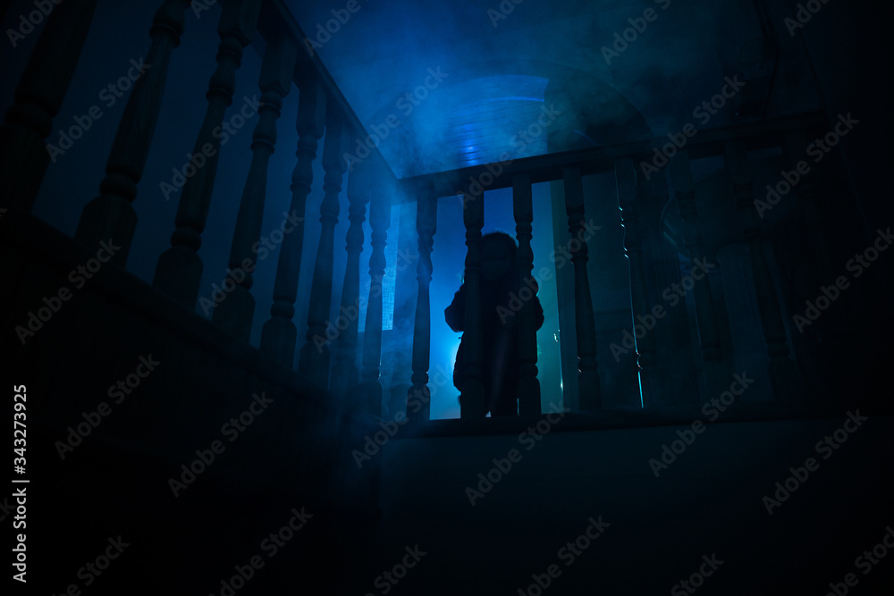 Inside of old creepy abandoned mansion. Silhouette of horror ghost ...