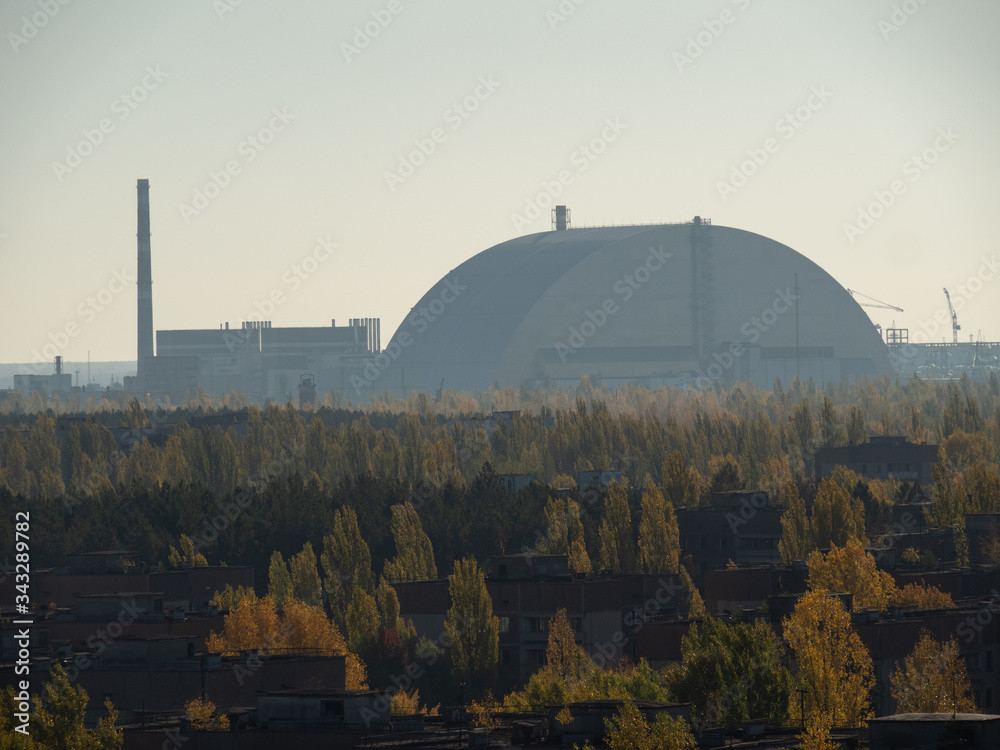 View from roof of ghost town Pripyat, post apocalyptic city and new ...