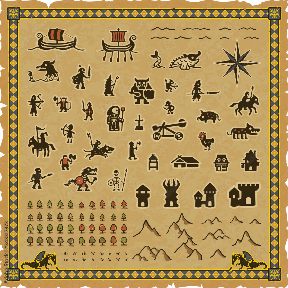 Vector set of medieval fantasy map icons, including buildings, ships ...