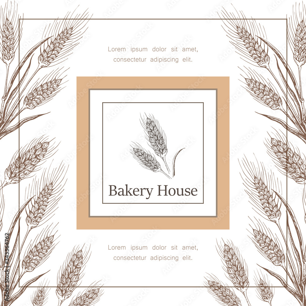 Bakery, pastry shop label, logo, flyer template with wheat ears frame ...
