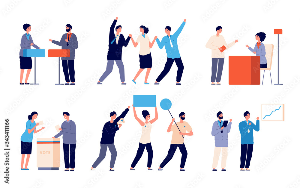 Vetor Election characters. Political candidate, vote places. Woman vs ...