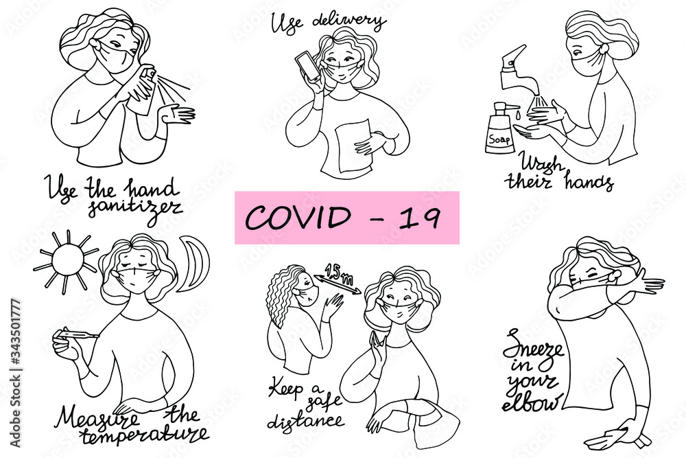 Girl shows rules of conduct during a pandemic, black and white image ...