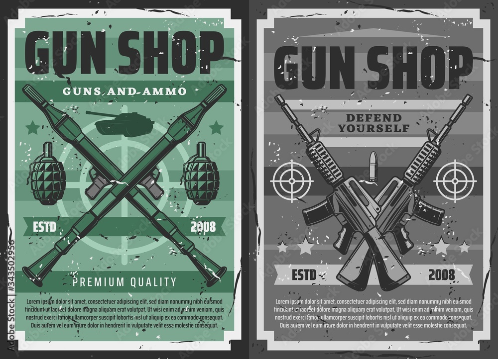 Gun shop and military ammunition weapon store, vector retro vintage ...