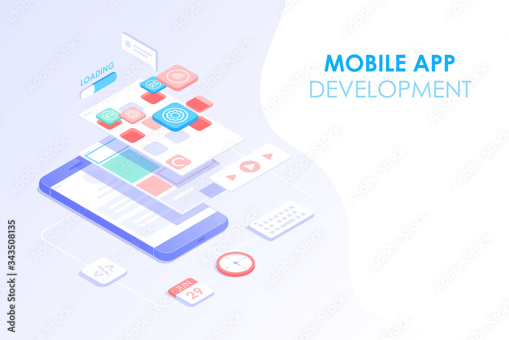 Mobile app development and web design isometric concept. App testing ...