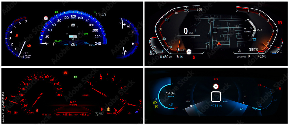 Illuminated car dashboards collage. Four different types of full ...