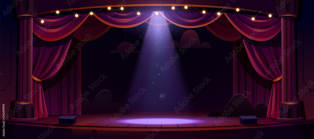 Dark theater stage with red curtains, columns and spotlight in center ...