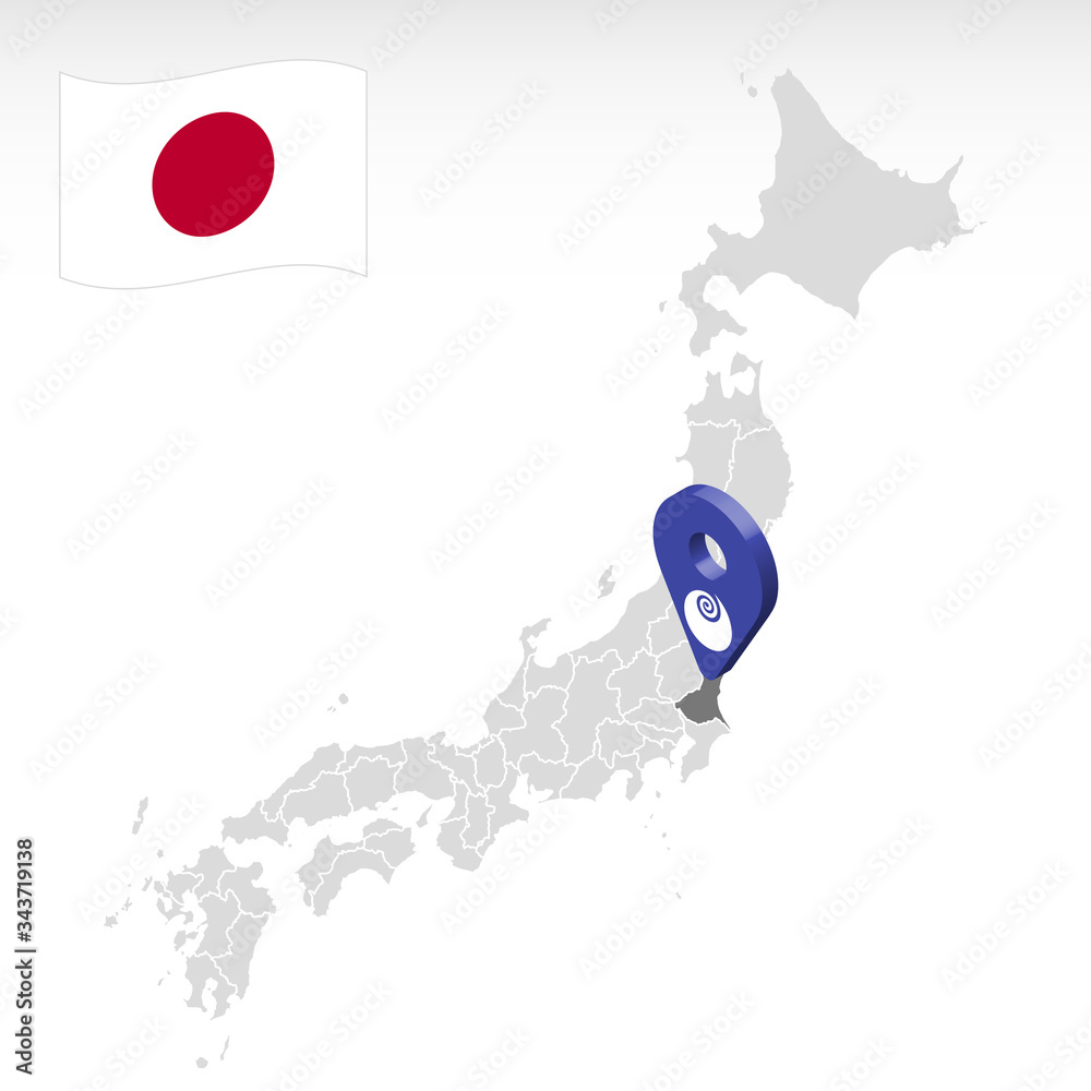 Location of Prefecture Ibaraki on map Japan. 3d Ibaraki location mark ...