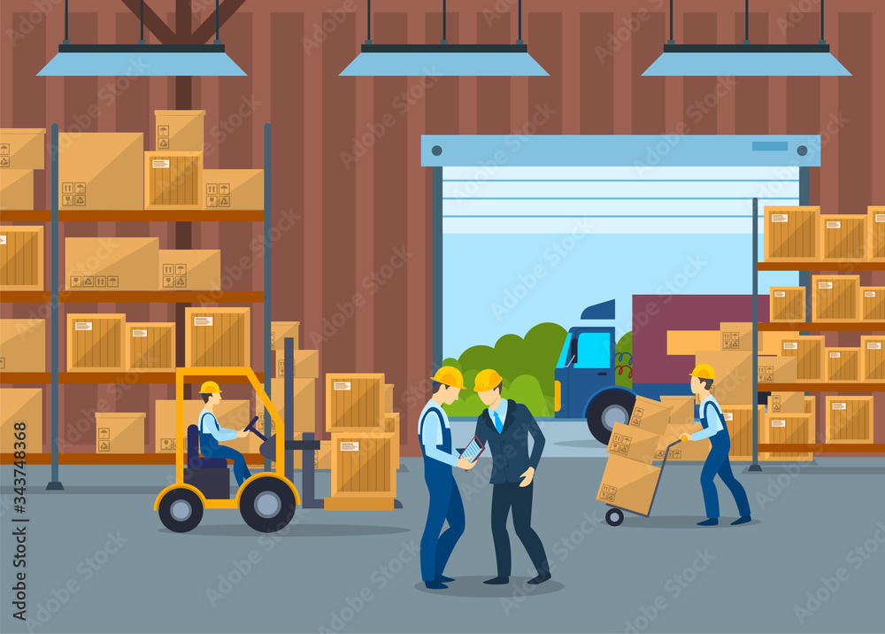 Cartoon Color Characters People and Warehouse Interior Inside Concept ...
