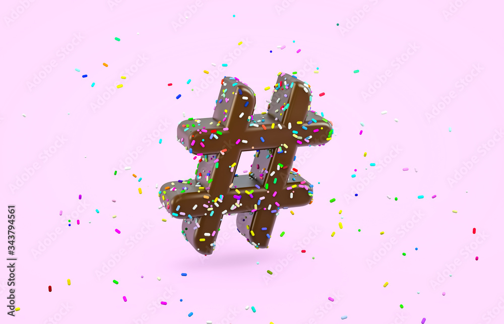 Glazed donut Font with colorful sugar sprinkles. 3d hash tag symbol ...