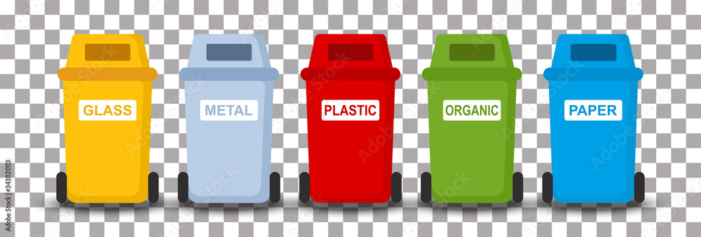 Different colored trash cans with paper, plastic, glass and organic ...