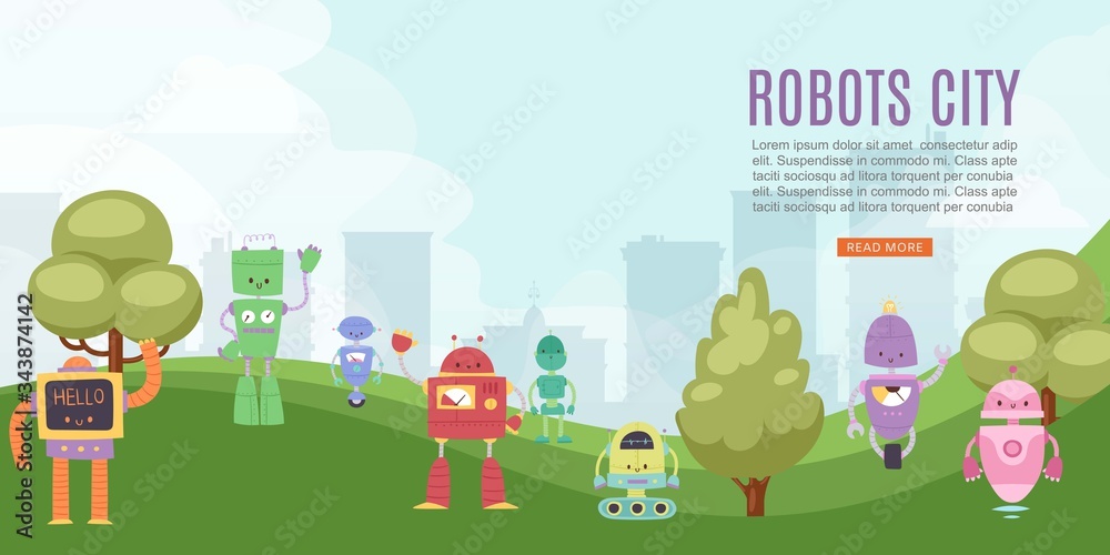 Robots toys city for kids banner with cute robots and transformers ...