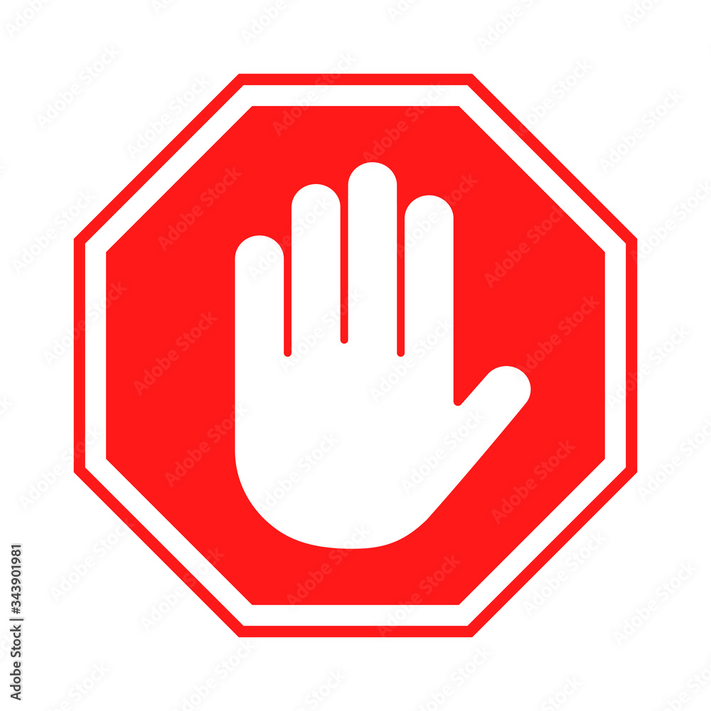 Stop sign. Red forbidding sign with human hand in octagon shape. Stop ...