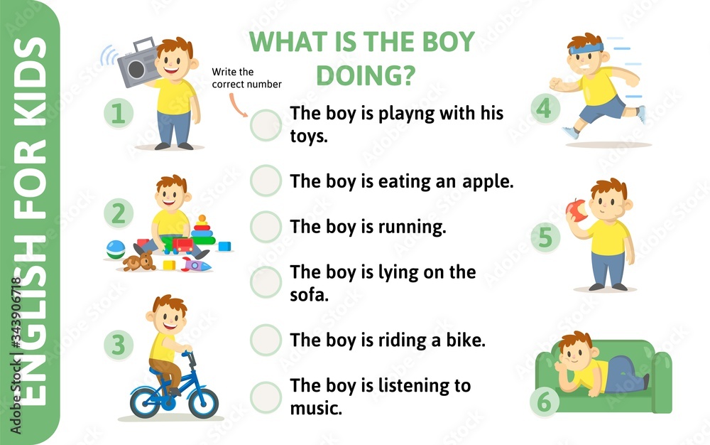 Стоковий вектор English for kids playcard. Present Continuous. Verbs ...