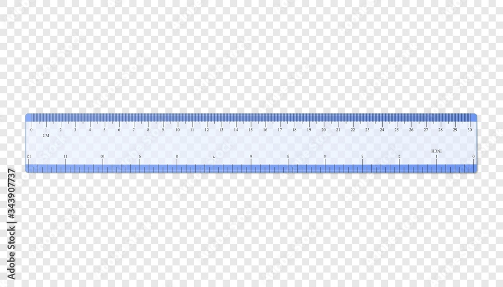 Realistic ruler. Centimeters and inches transparent blue plastic ruler ...