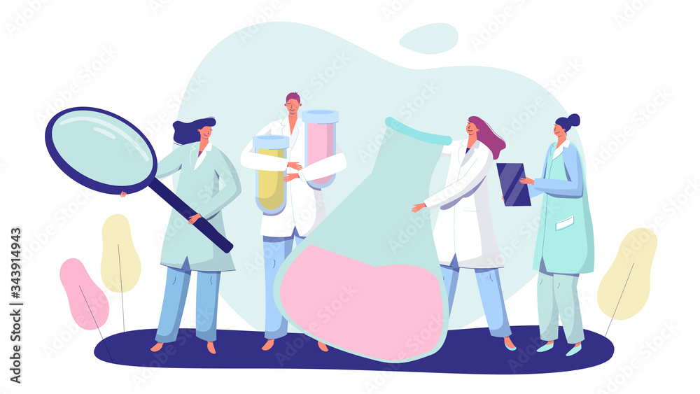 Cartoon medical staff in the laboratory clinic produce and ponder new ...