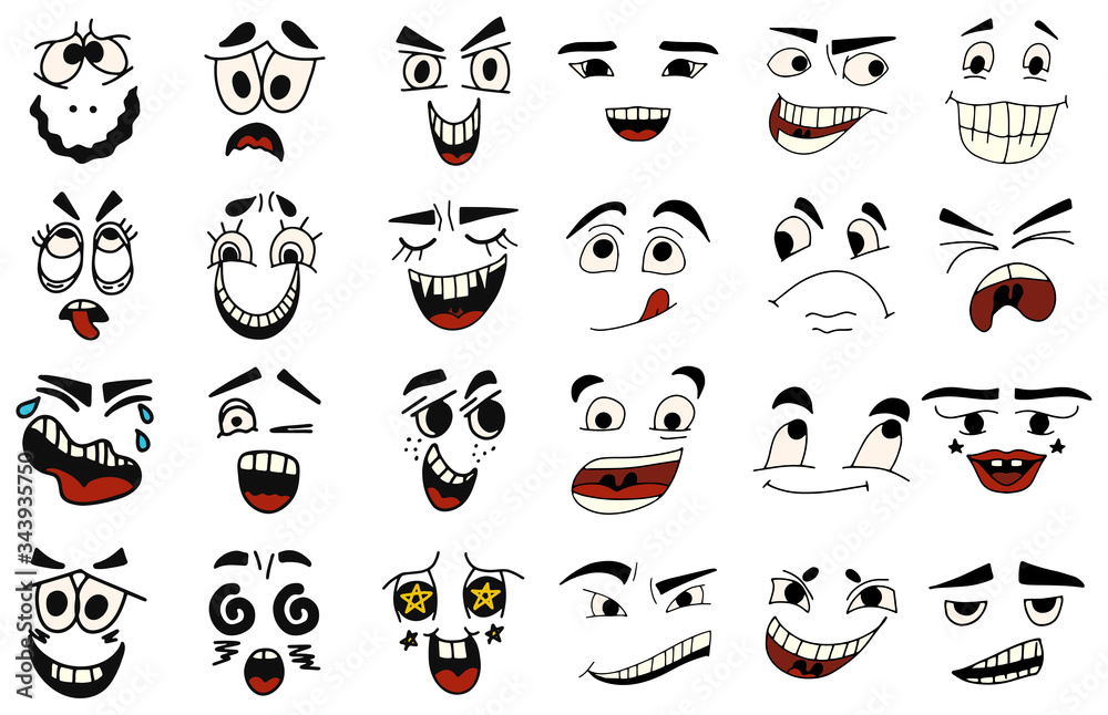 Cartoon faces. Kawaii cute faces. Expressive eyes and mouth, smiling ...