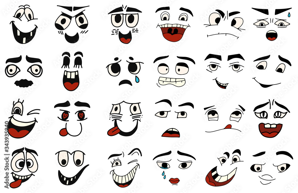 เวกเตอร์ Stock Cartoon faces. Kawaii cute faces. Expressive eyes and ...