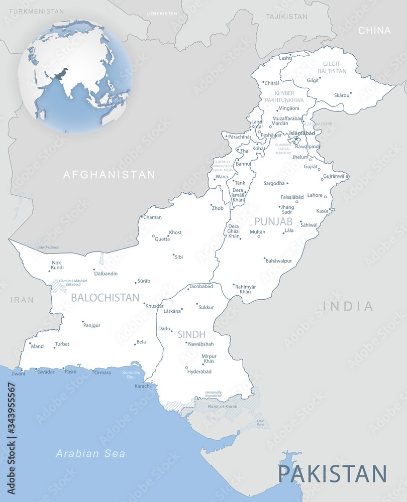 Blue-gray detailed map of Pakistan administrative divisions and ...