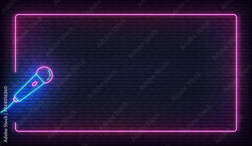 Neon microphone and glowing border frame. Template for karaoke, live ...