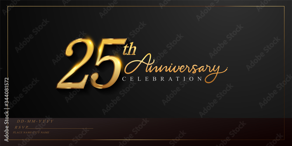 25th anniversary celebration logotype with handwriting golden color ...