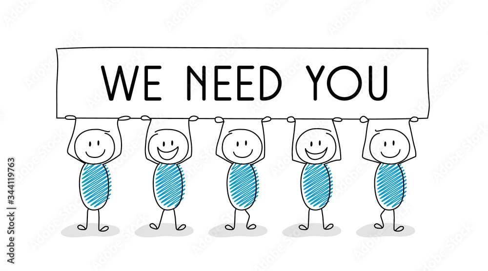 Cartoon people holding banner with “we need you” text. New vacancy ...