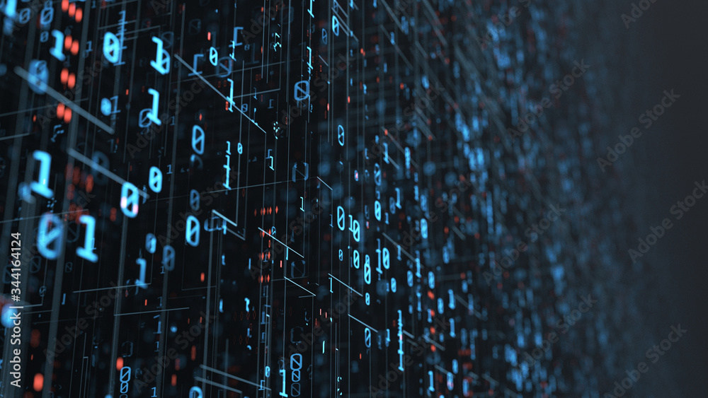 3D Rendering of blur binary data with dots and lines. Depth of field effect applied. Concept for ...