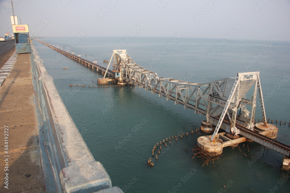 Stock-Foto „Pamban Bridge is a railway bridge which connects the town ...