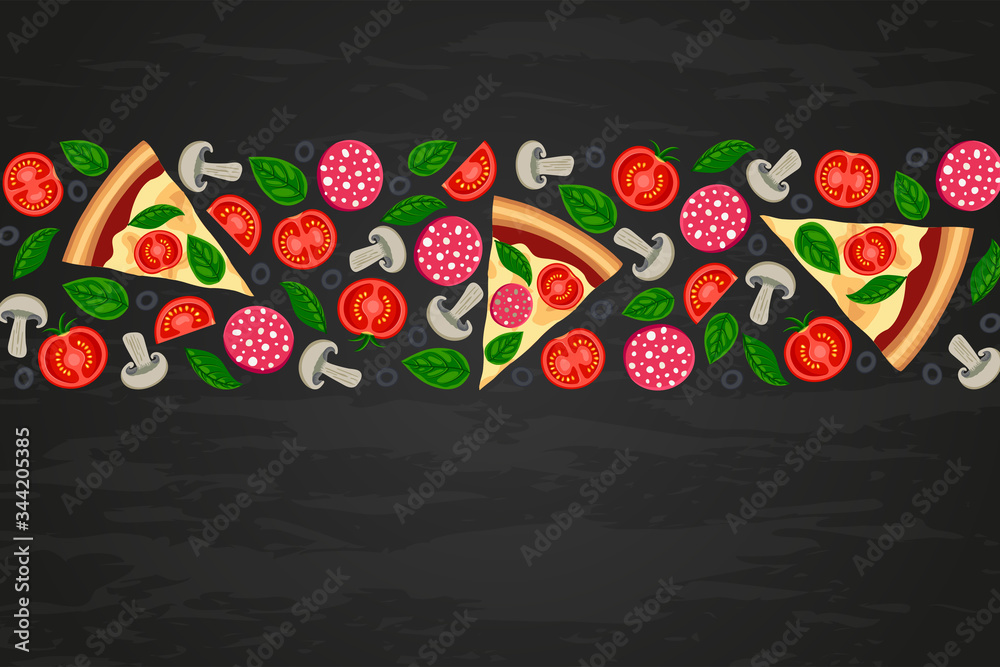 Pizza slices and ingredients on black textured backround. Food border ...