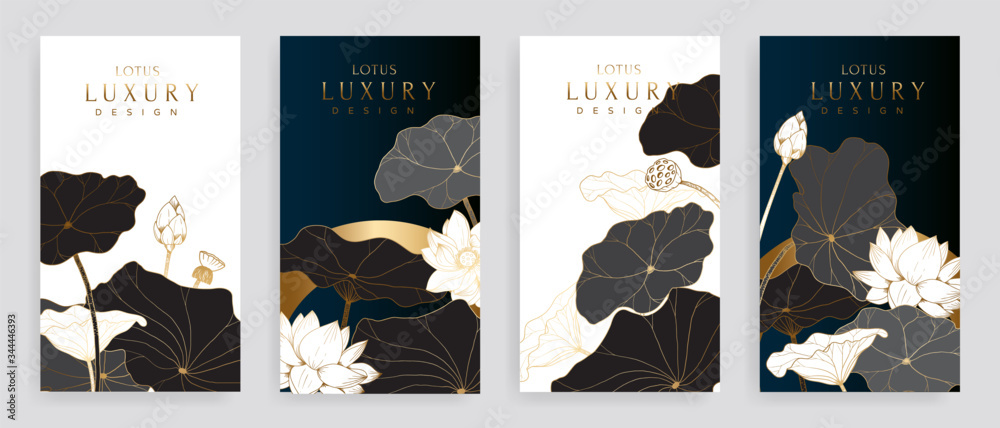 Luxury cover design template. Lotus line arts hand draw gold lotus ...
