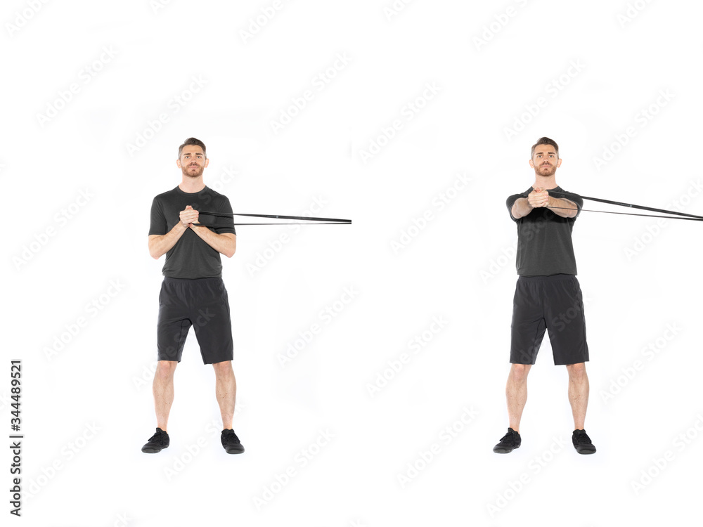 Band Resisted Anti Rotation or Pallof Press Gym Exercise Stock Photo ...