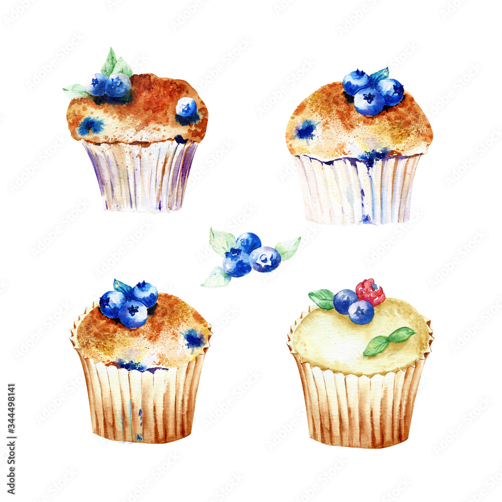 Watercolor dessert clipart. Blueberry cupcake clipart. Sweet backery ...