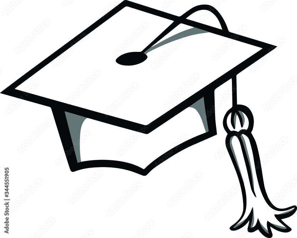 Graduation Cap and Tassel in Black and White, Vector Cartoon Line Art ...
