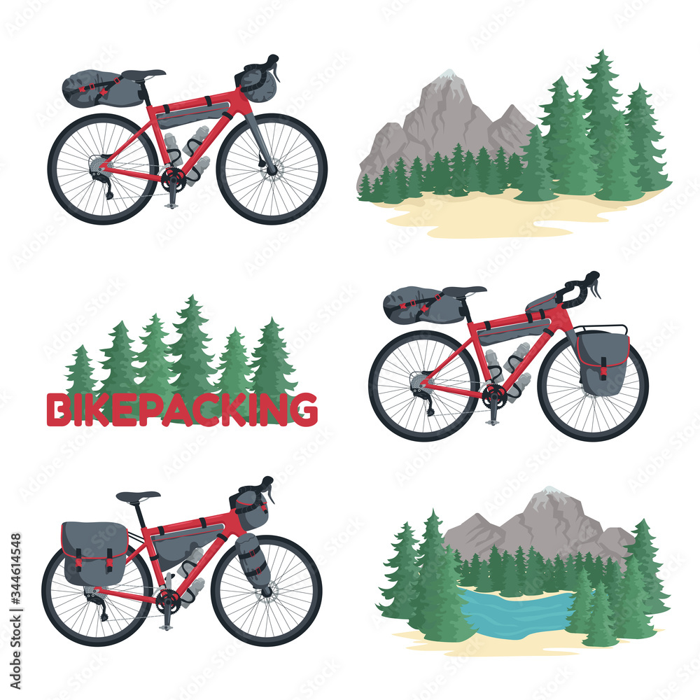 Vector illustration set of bicycles for tourism.Bikepacking bags ...