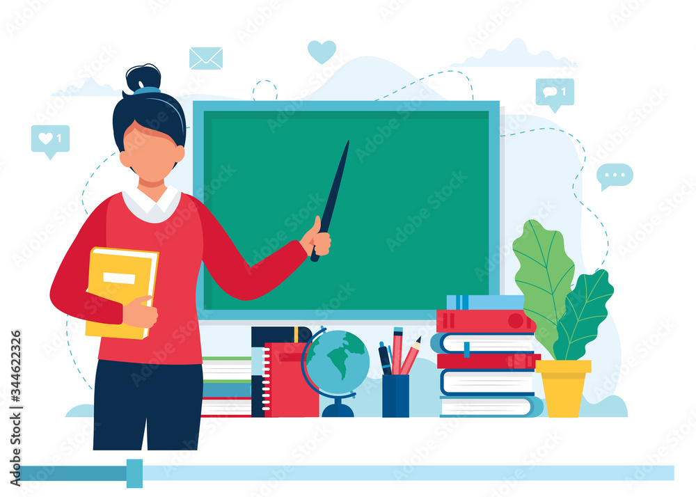 Online learning concept. Female teacher with books and chalkboard ...