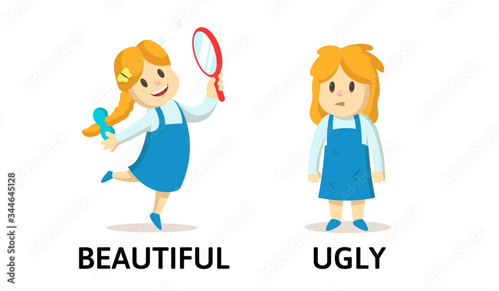 Words BEAUTIFUL and UGLY flashcard with text cartoon characters ...