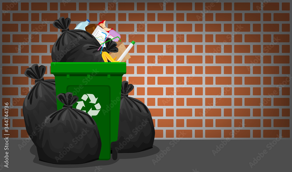 pile of garbage waste and bag plastic at green recycle bin on brick ...