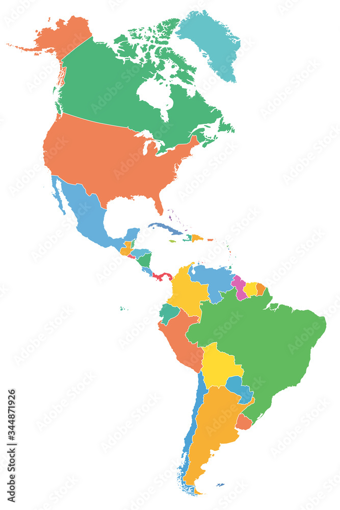 The Americas, political map with single states in different colors ...