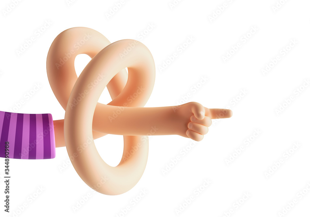 3d render, abstract cartoon character flexible knotted caucasian hand ...