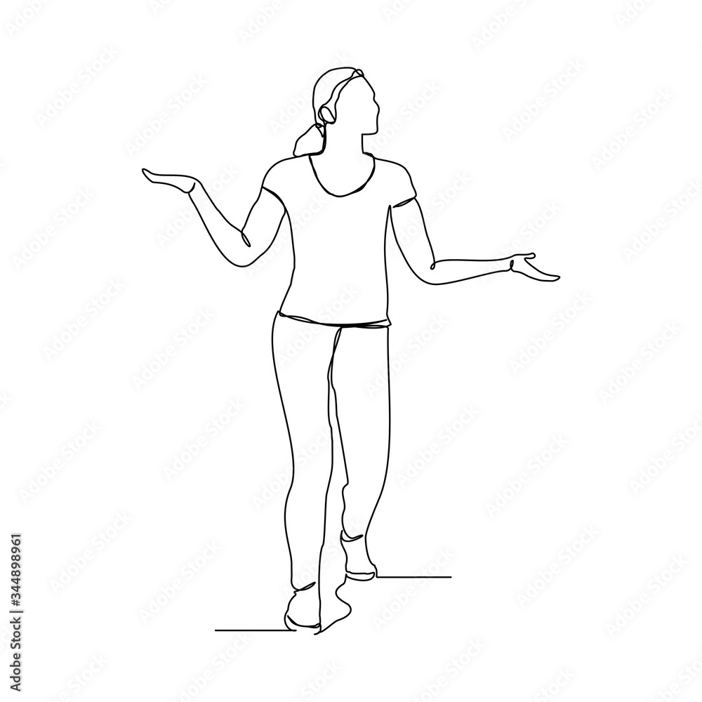 Continuous line drawing of standing woman open palm hand gesture to ...